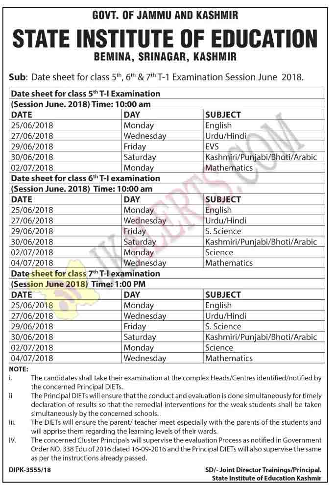 J K State Institute Of Education Date Sheet For Class 5th 6th 7th T