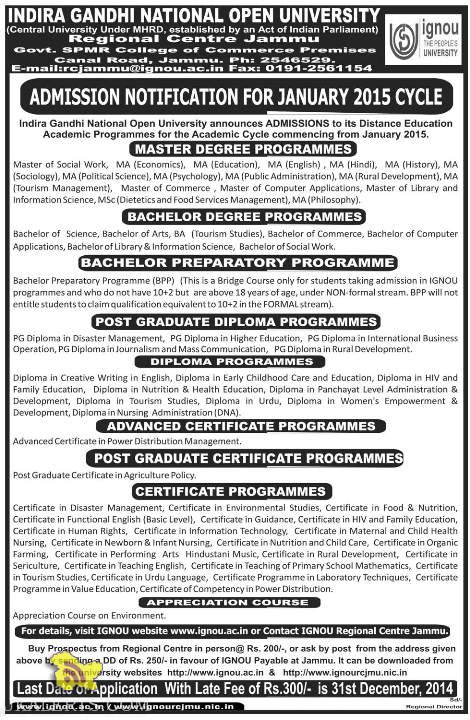 IGNOU Admission notification for january 2015 | Govt Private Jobs ...