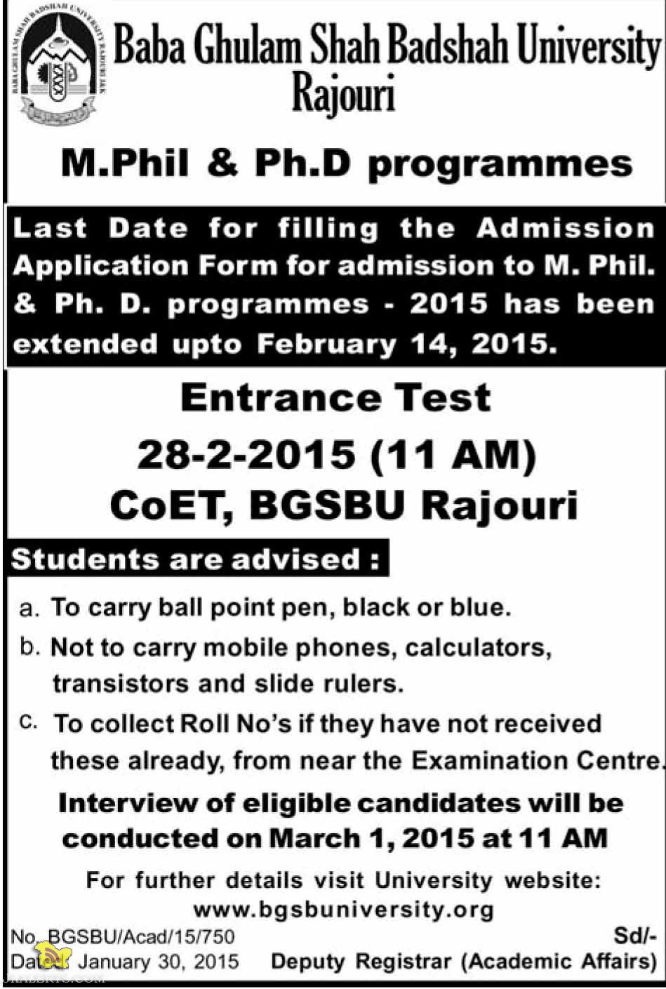 Admission open M. Phil. & Ph.D Baba Ghulam Shah Badshah University ...