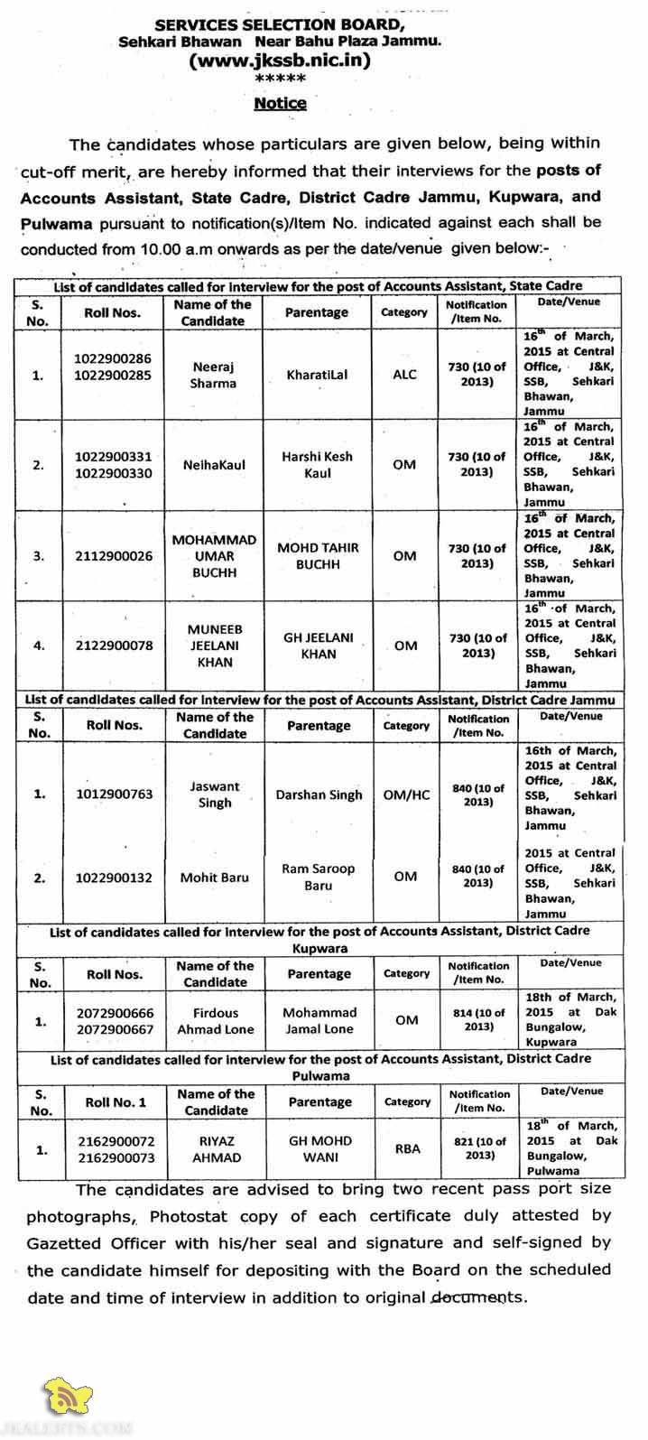 Jkssb selection list for interviews for the posts of Accounts Assistant ...