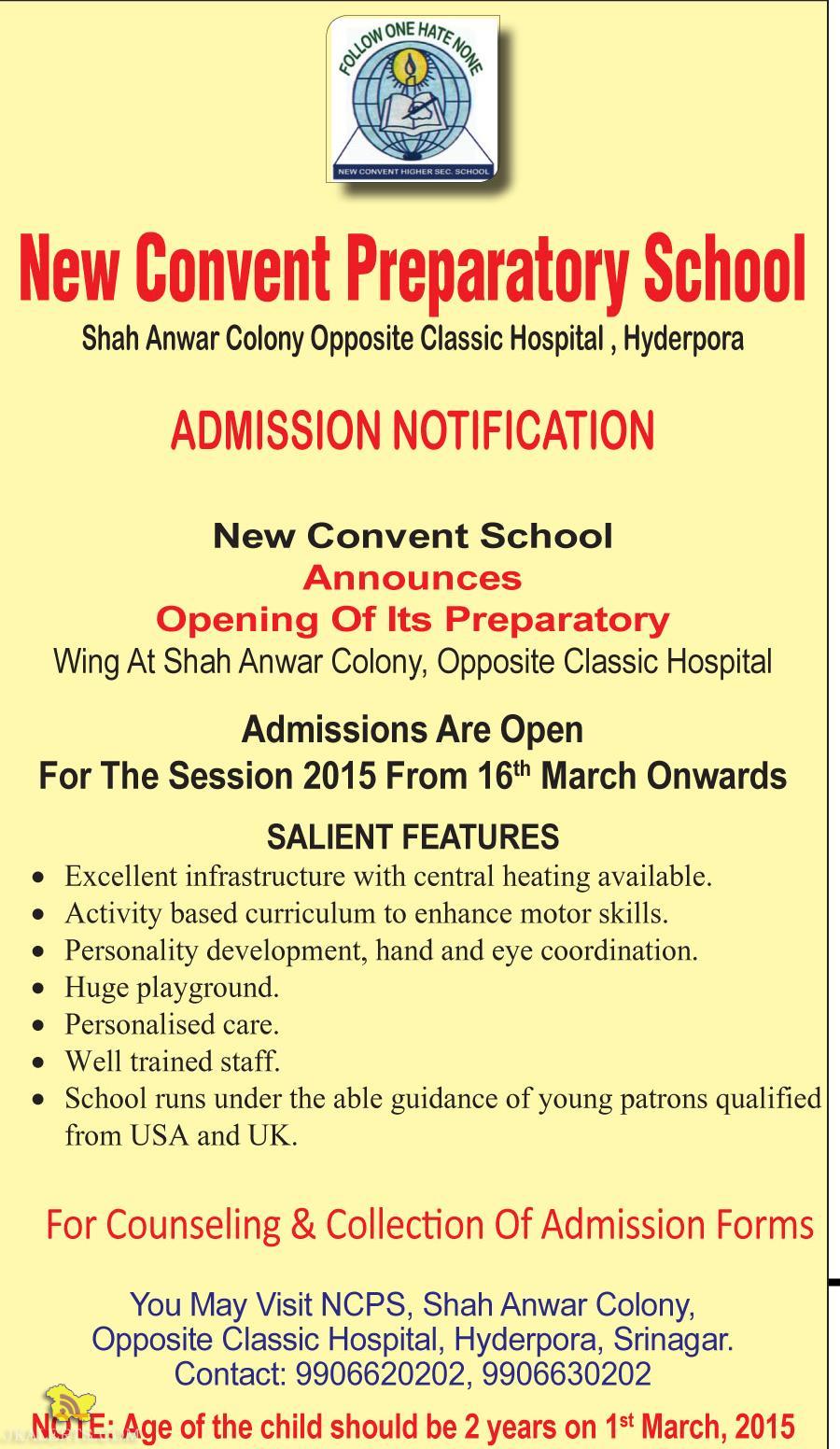 Admission open in New Convent Preparatory School | JKAlerts JK Updates.