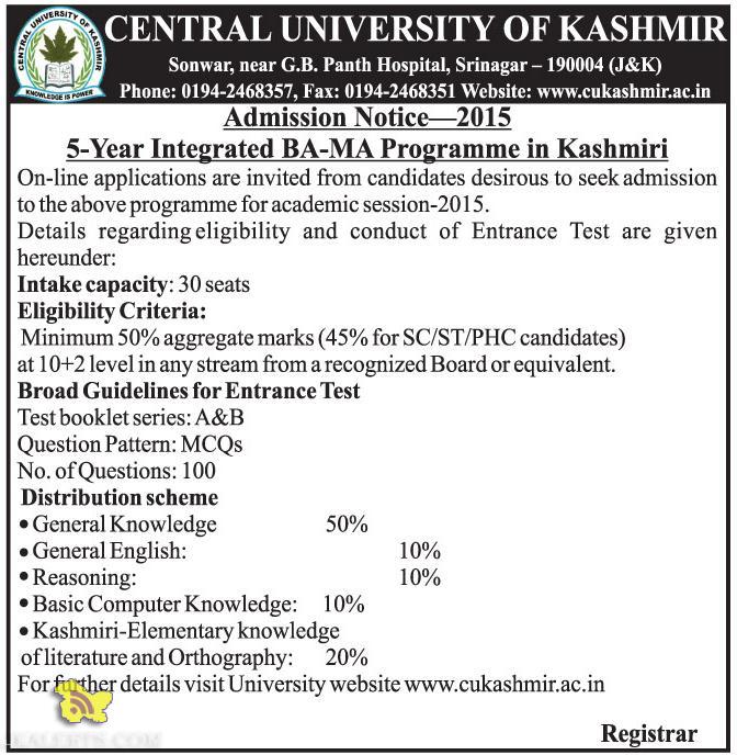 Admission open in 5-Year Integrated BA-MA Programme in Kashmiri in CUK ...