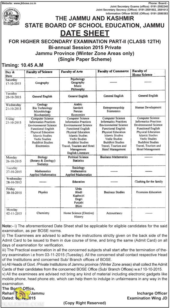 Jkbose Class 12th Datesheet Bi-annual 2015 Private Jammu Province ...