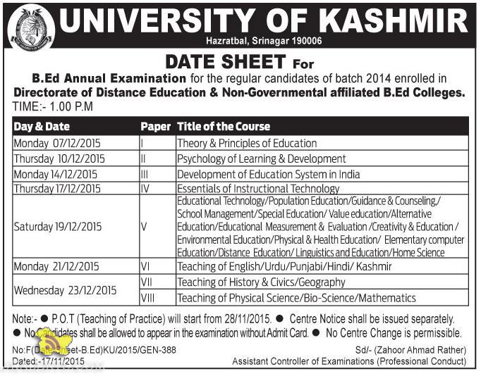 Kashmir University Date Sheet For B Ed Annual Examination Govt