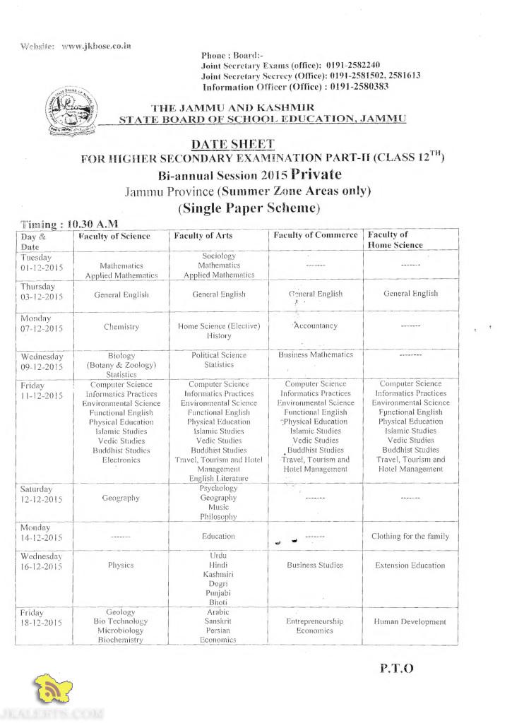 JKBOSE Class 12th Bi annual Datesheet Session 2015 Private Jammu ...