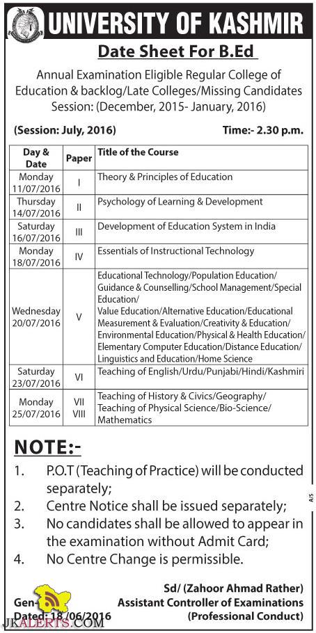 University Of Kashmir Date Sheet For B Ed Annual Examination Eligible