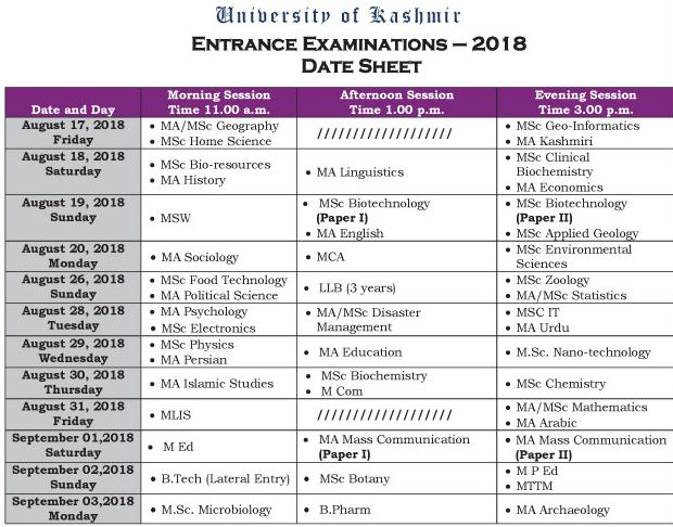 Kashmir University KU Entrance Examination 2018 Date Sheet | JKAlerts ...