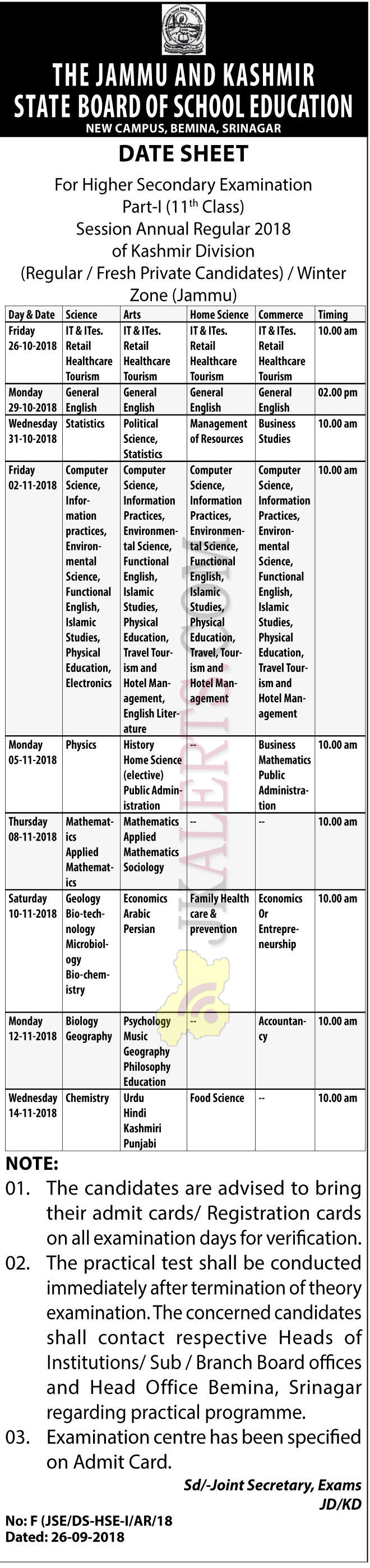 JKBOSE Class 11th Date Sheet for Annual 2018 | JKAlerts JK Updates.