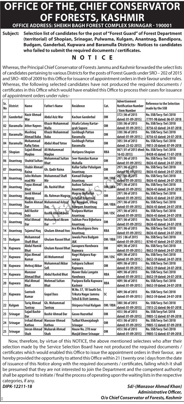 Selection list of candidates for the post of "Forest Guard" of J&K ...