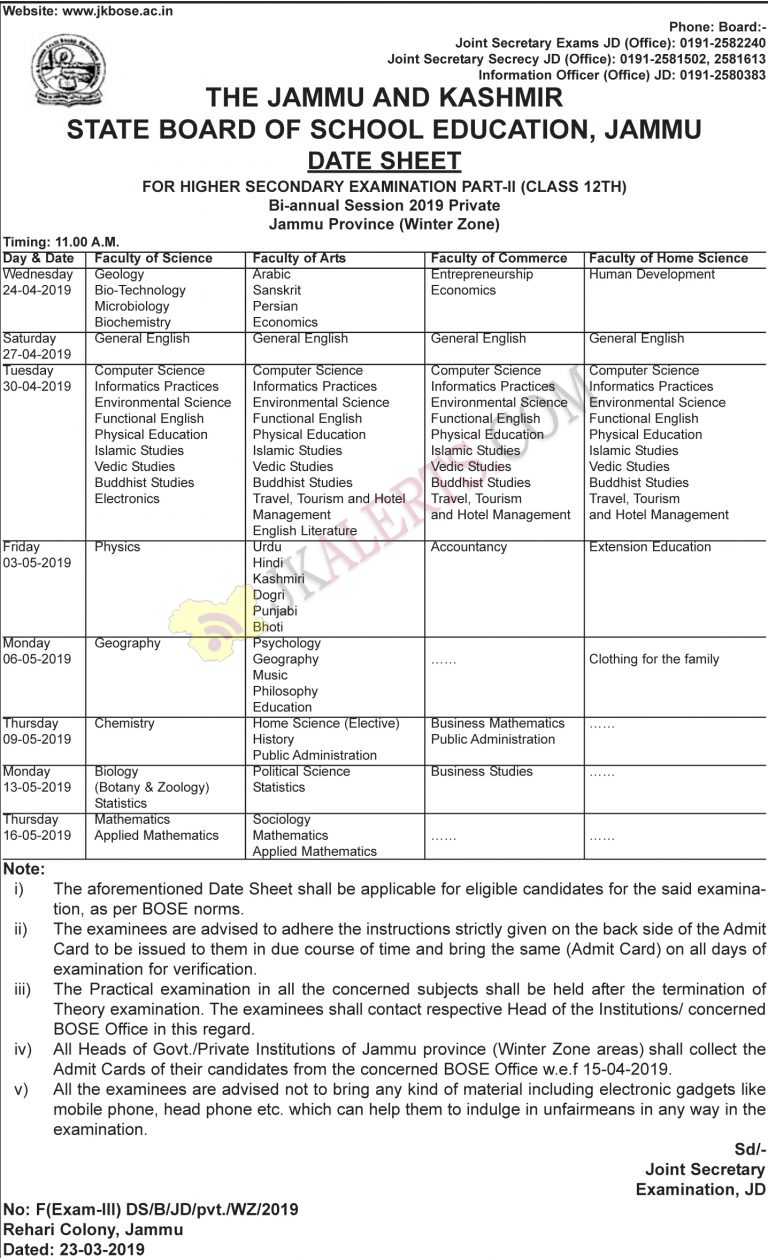 JKBOSE Date Sheet Class 12th Bi annual Session 2019 Jammu Province ...