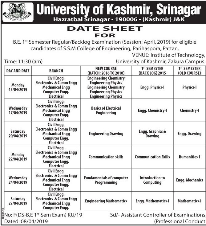 University Of Kashmir Srinagar Date Sheet Jkalerts Jk Updates