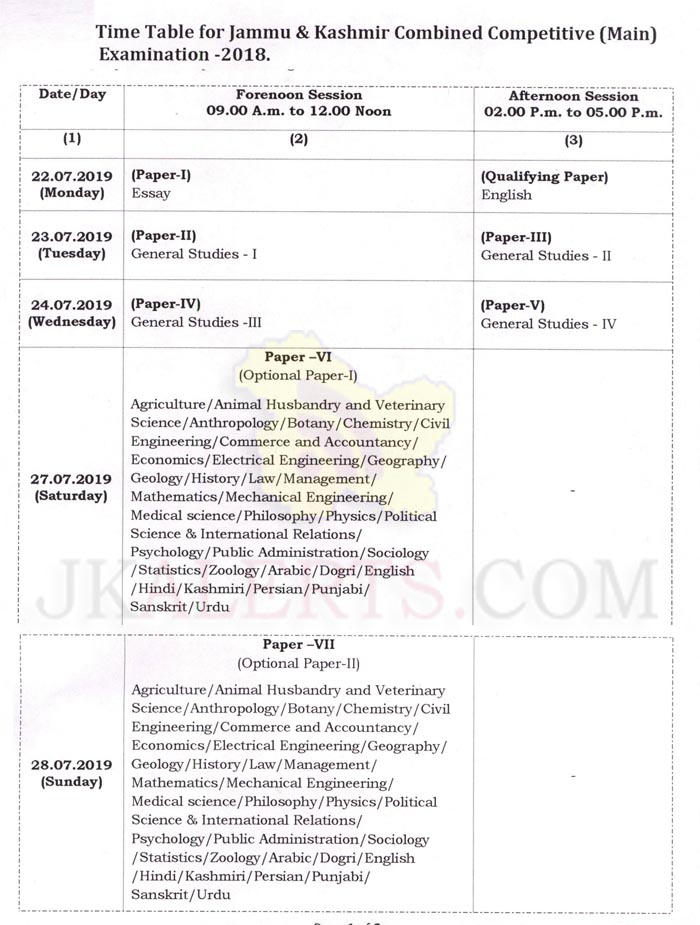 JKPSC Date Sheet Time table for KAS Combined Competitive (Mains) Exam ...