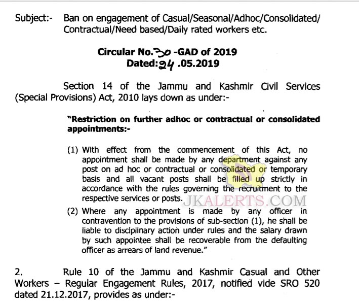 JKGAD Ban on engagement of Casual / consolidates / contractual / Need ...