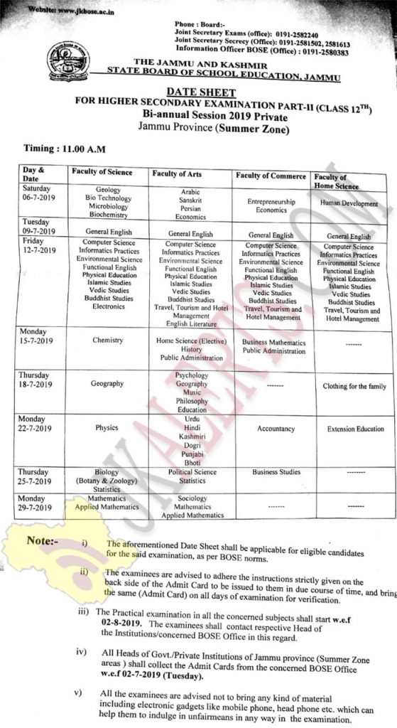 JKBOSE Class12th Bi annual Session 2019 Private Jammu Province Summer ...