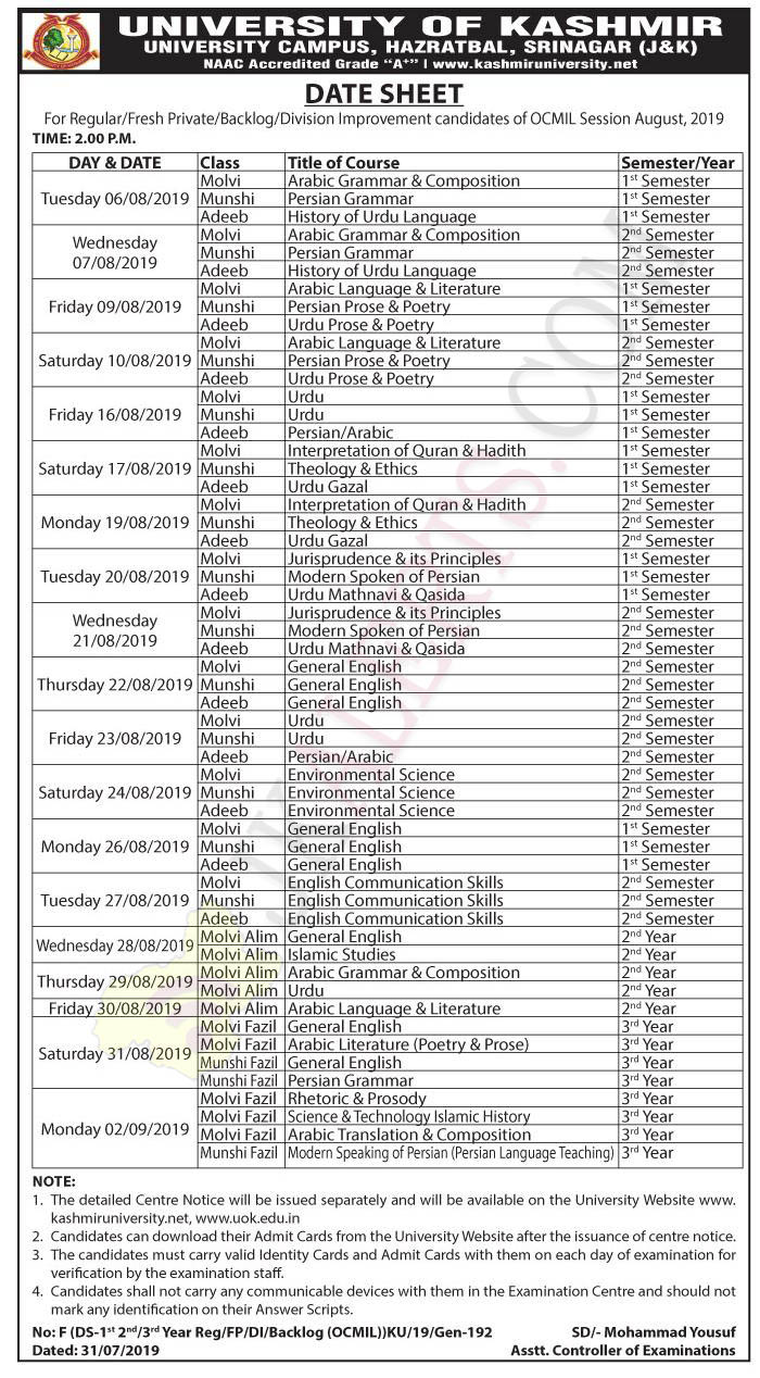 Kashmir University Date Sheet For Regular, Fresh Private, Backlog OCMIL ...