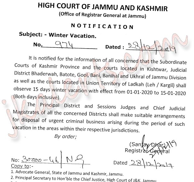 J&K High Court Winter Vacation 2020. | Govt Private Jobs updates Jammu ...