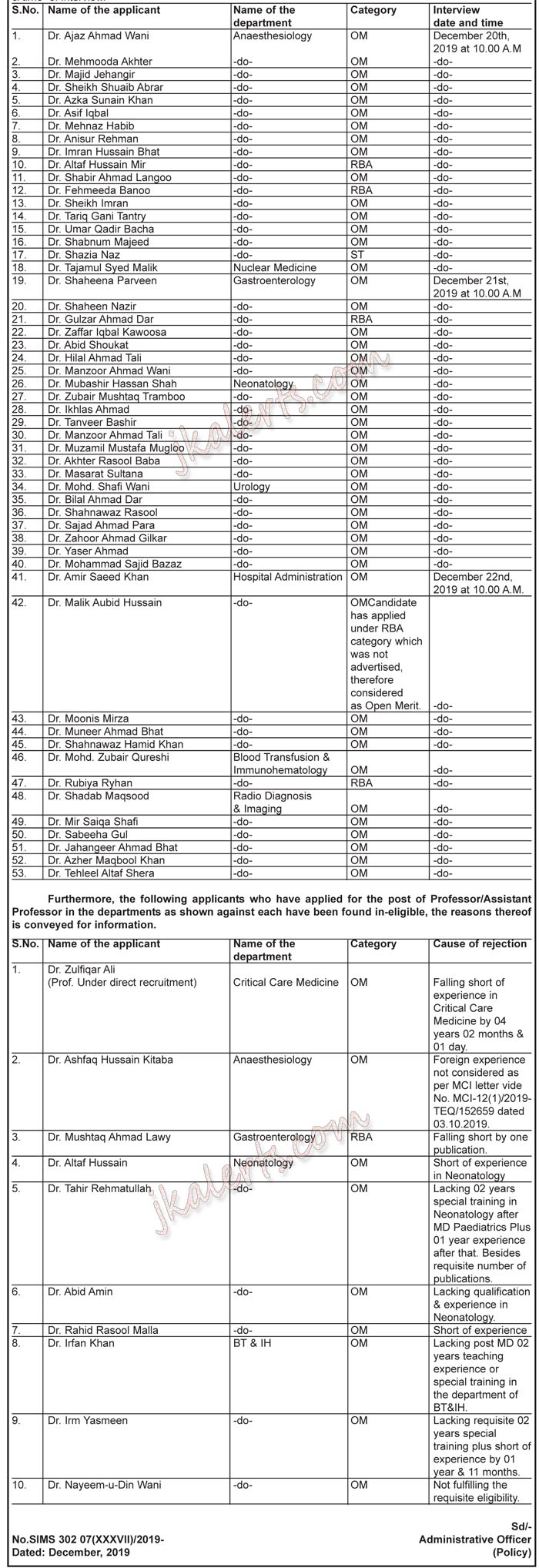 SKIMS Soura Interview for Assistant Professor under direct recruitment ...