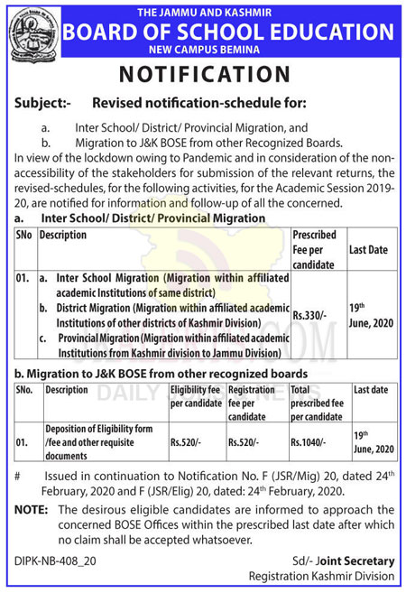 JKBOSE Revised notification-schedule for Inter School, District ...