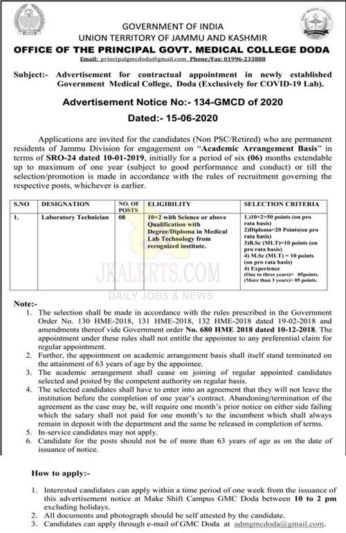 GMC Doda Recruitment 2020 New Government Medical College J&K. | Govt ...