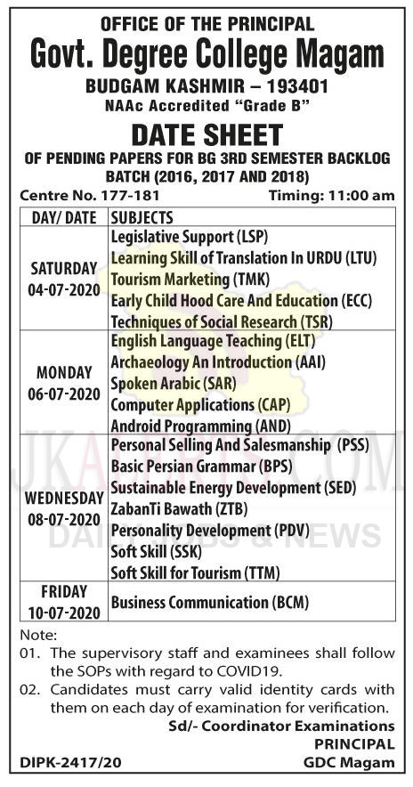 Govt. Degree College Magam date sheet of pending papers. | Govt Private ...