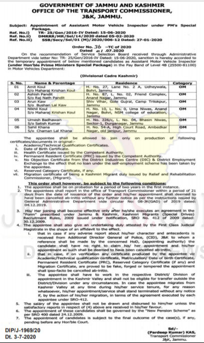 J&K Transport commissioner appointment of Assistant Motor vehicle ...