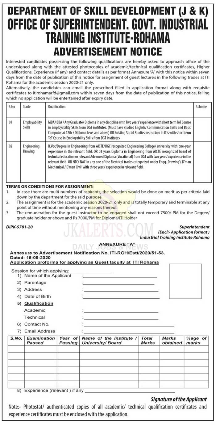 J&K GOVT ITI Rohama Job Recruitment 2020. | Govt Private Jobs updates ...