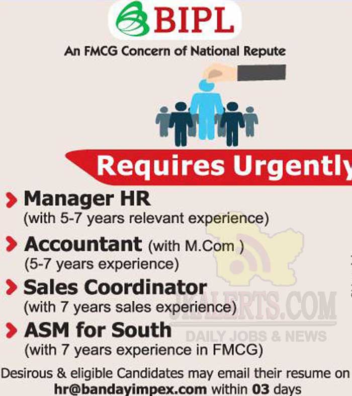 Manager HR, Accountant, Sales Coordinator, ASM Jobs in Srinagar Kashmir ...