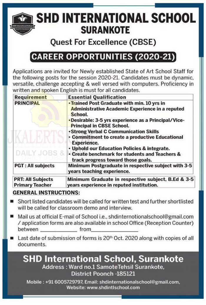 SHD International School Poonch Jobs Recruitment 2020. | Govt Private ...