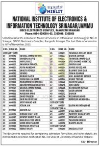 NIELIT Srinagar Selection list of PG Entrance in Master of Science ...