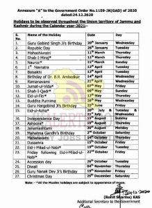 J&K Govt Holidays Calendar 2021. | Govt Private Jobs updates Jammu ...