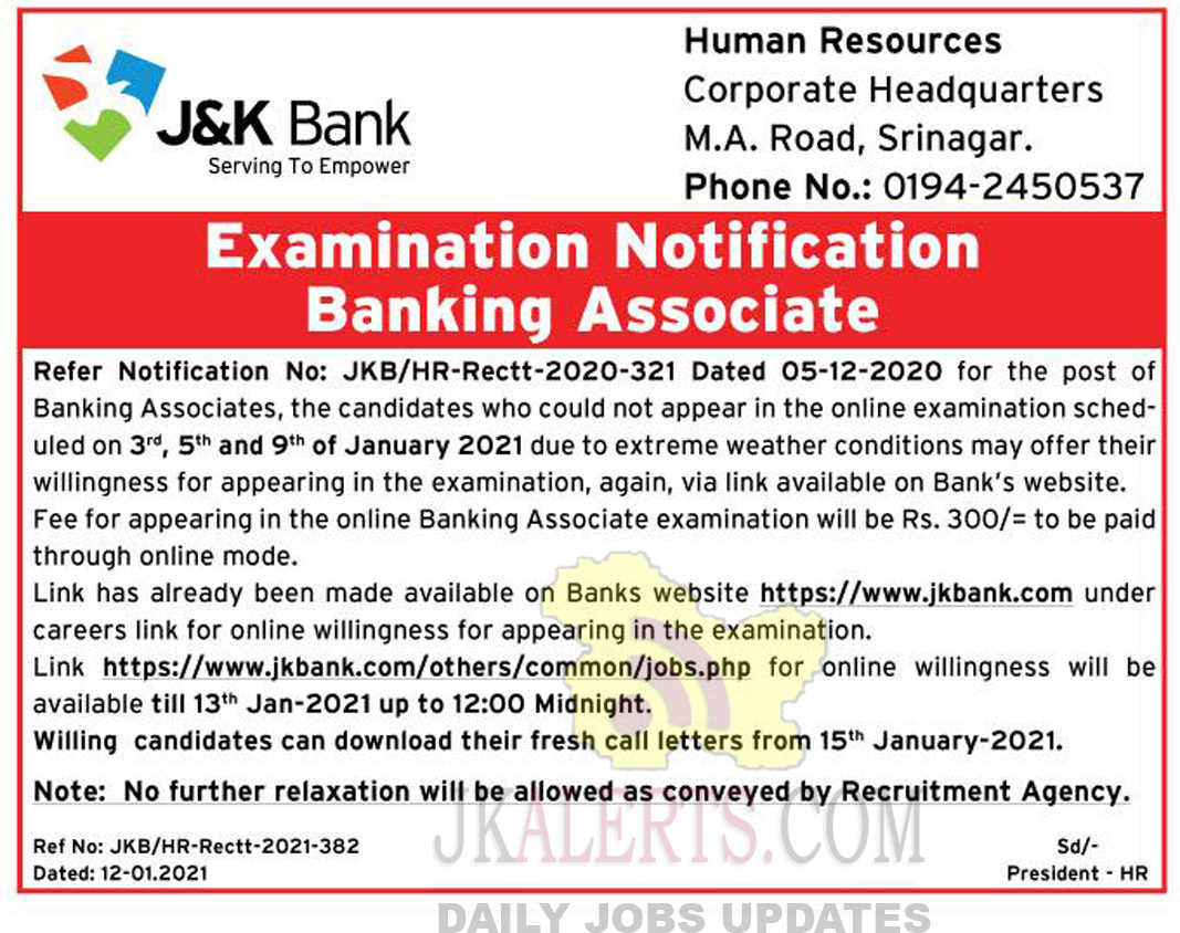 JK BANK Banking Associate Examination Notification.