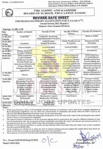 JKBOSE Class 11th Date Sheet Jammu 2021 Revised Date sheet