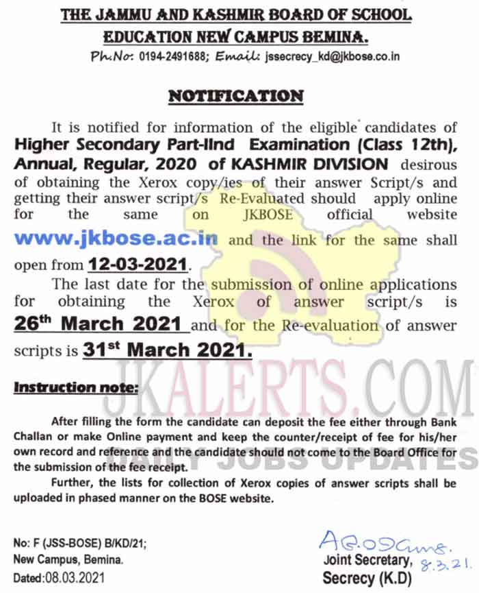 JKBOSE Class 12th Xerox/Re-Evaluation Notification JKAlerts