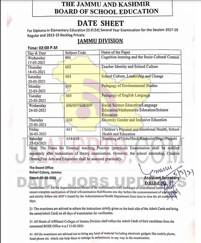 JKBOSE D.El.Ed Date Sheet notification. | JKAlerts
