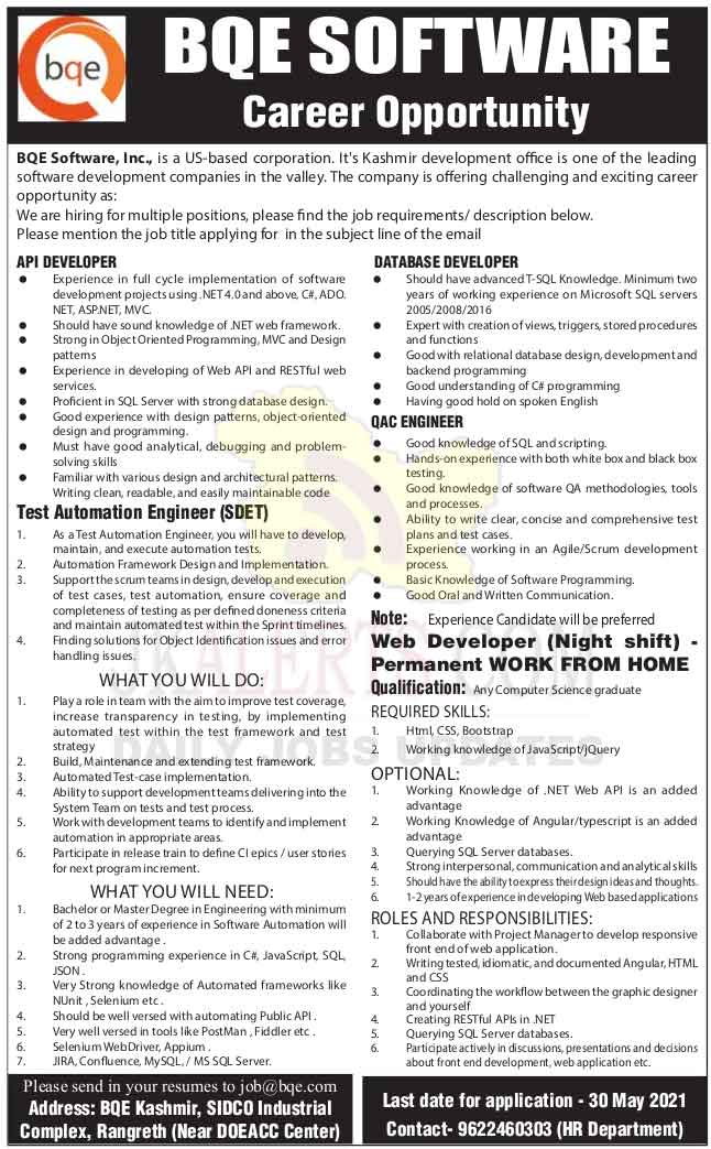BQE Software Kashmir Jobs Recruitment 2021. | JKAlerts