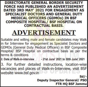 BSF Hospital Jammu Jobs recruitment 2021. | JKAlerts