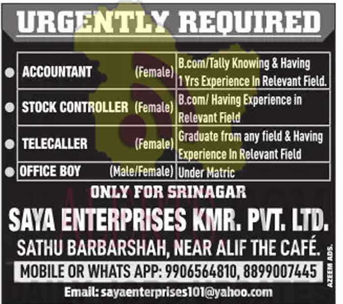 Accountant, Stock Controller, Telecaller, Office boy jobs.
