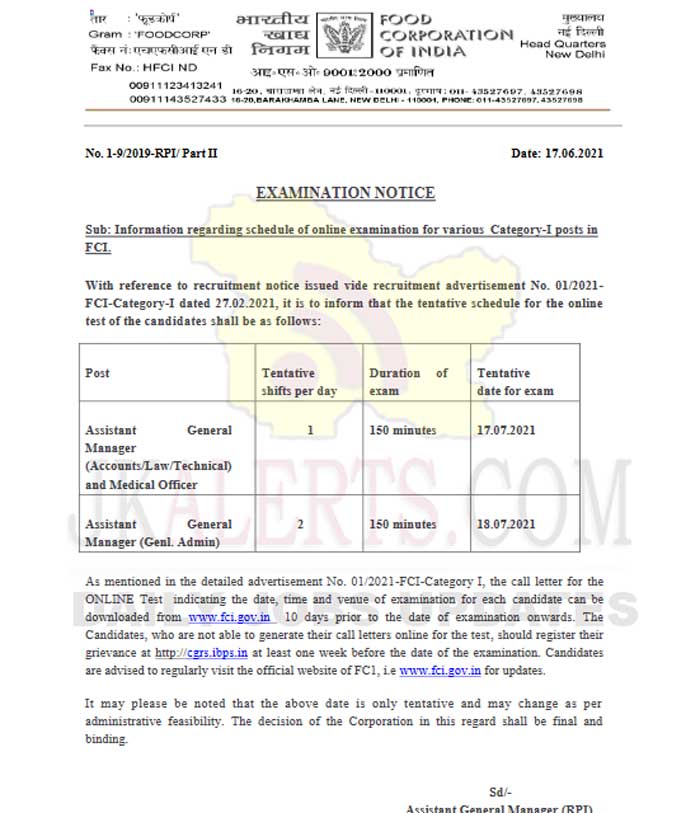FCI AGM Examination Date Schedule. | Govt Private Jobs updates Jammu ...