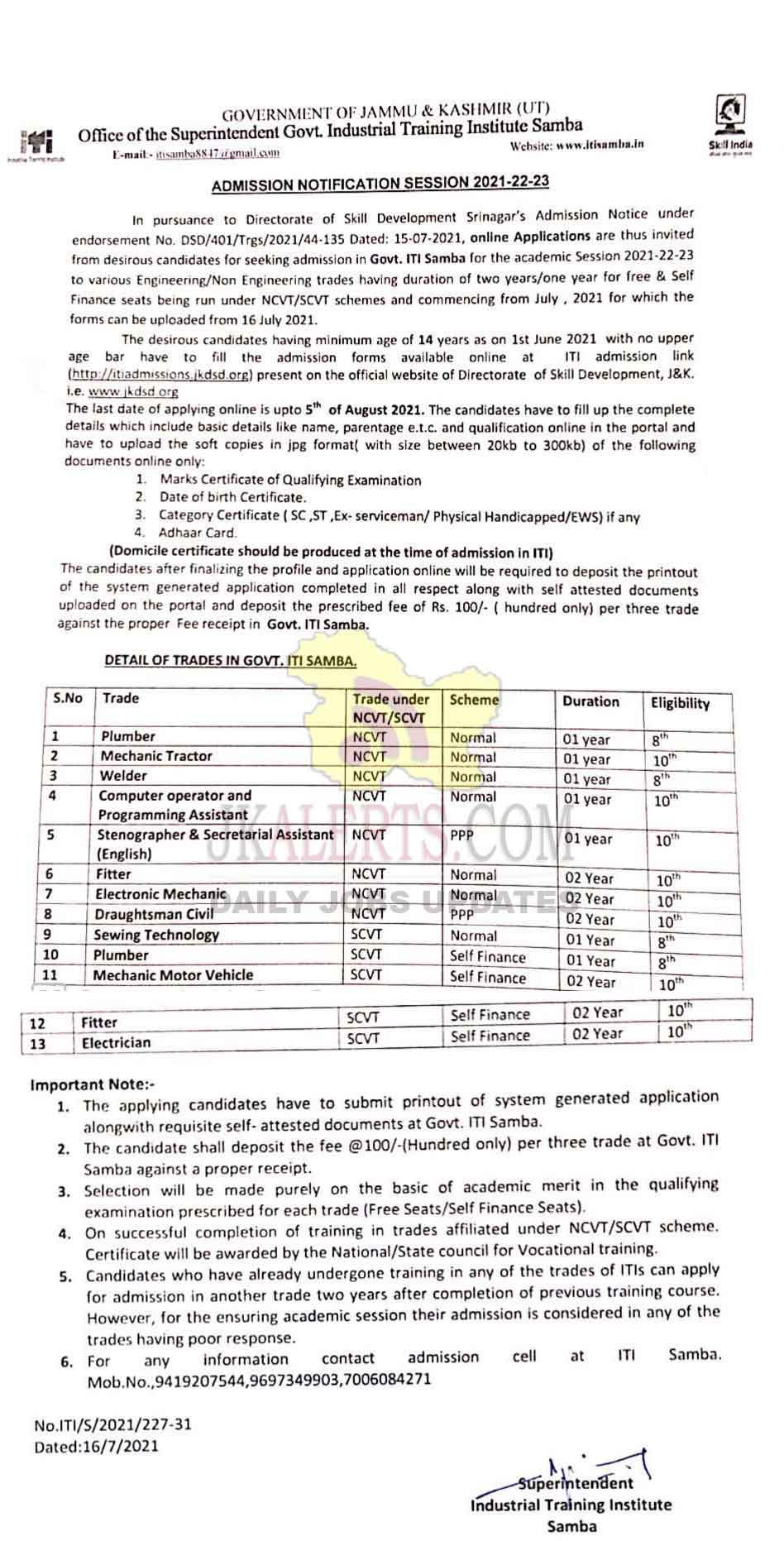 ITI Samba Admission 2021. | Govt Private Jobs updates Jammu, Kashmir ...