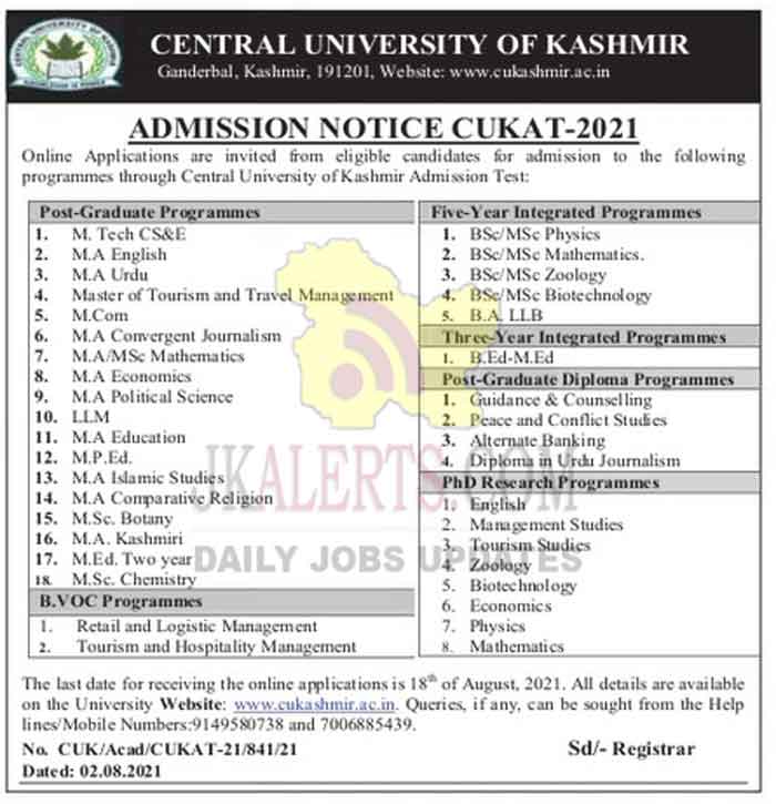 Central University of Kashmir Admission CUKAT 2021.