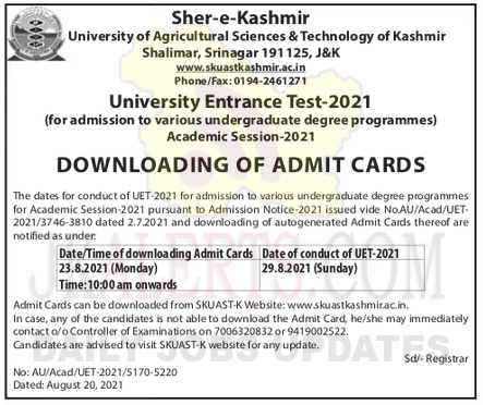 SKUAST Kashmir Entrance Test 2021 admit card. | JKAlerts
