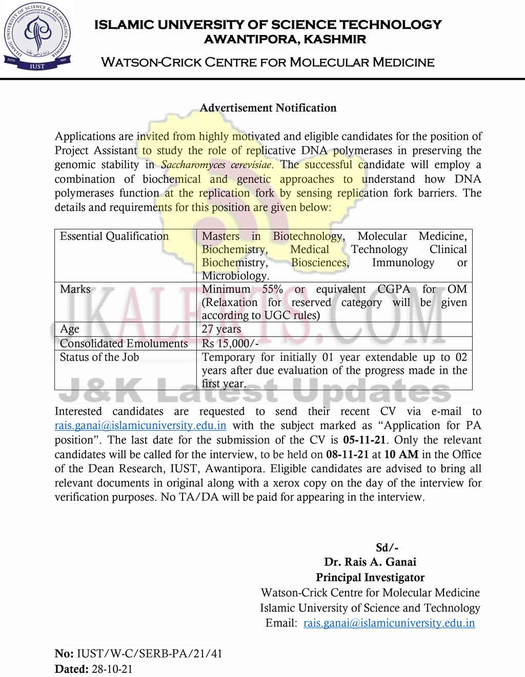 IUST Jobs Recruitment 2021 Project assistant posts. JKAlerts