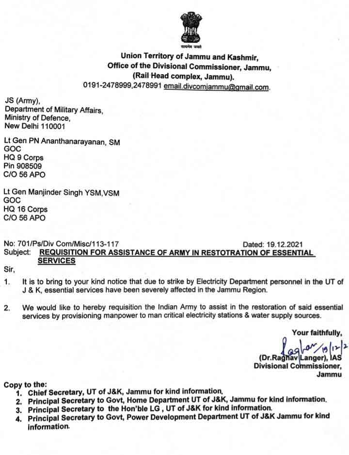 Div Com Jammu sends requisition to Army for restoration of Power.