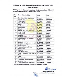 J&K Holidays Calendar 2022. | Govt Private Jobs updates Jammu, Kashmir ...