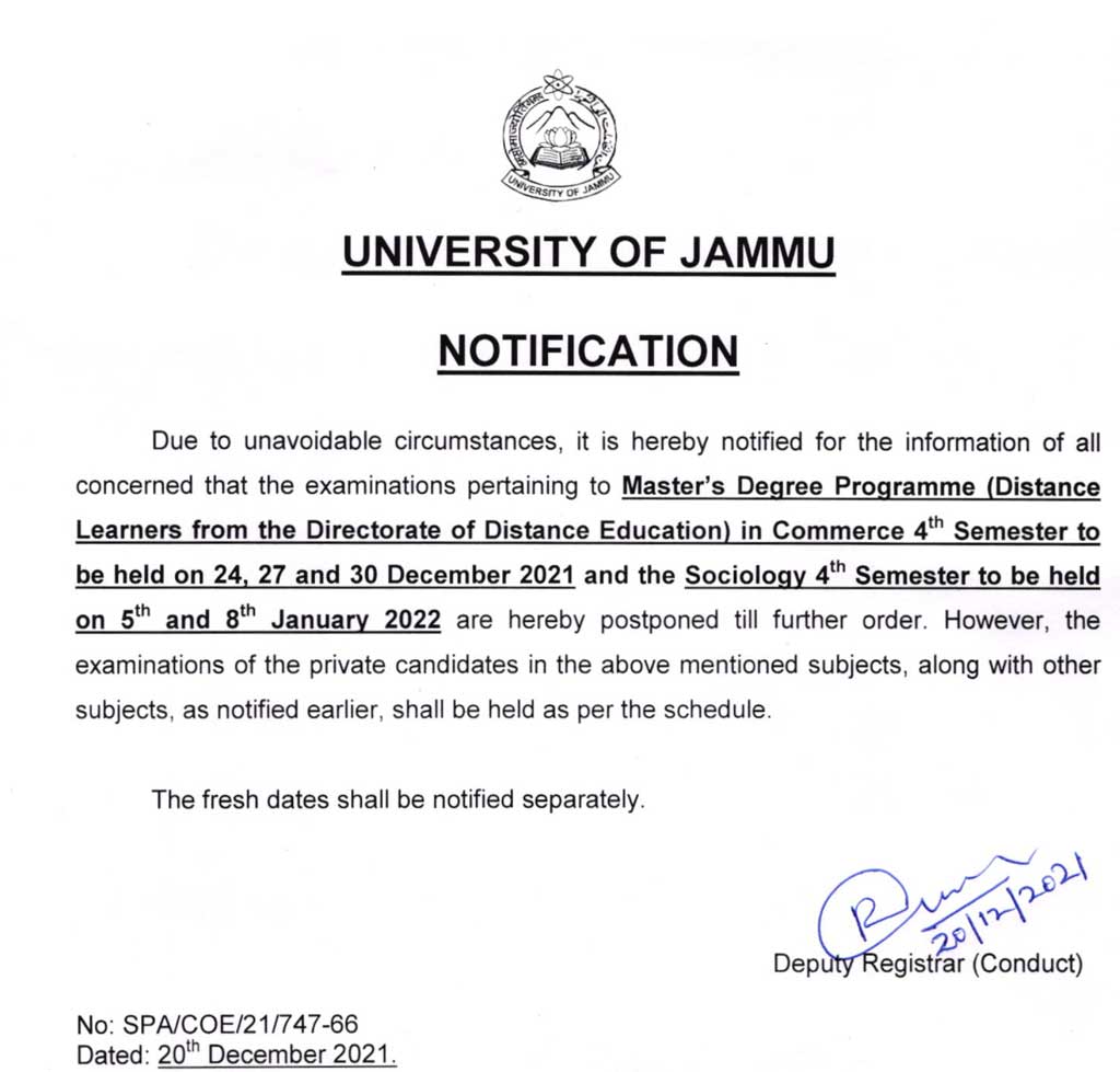 Jammu University Postpones Ug Pg Exams Jkalerts