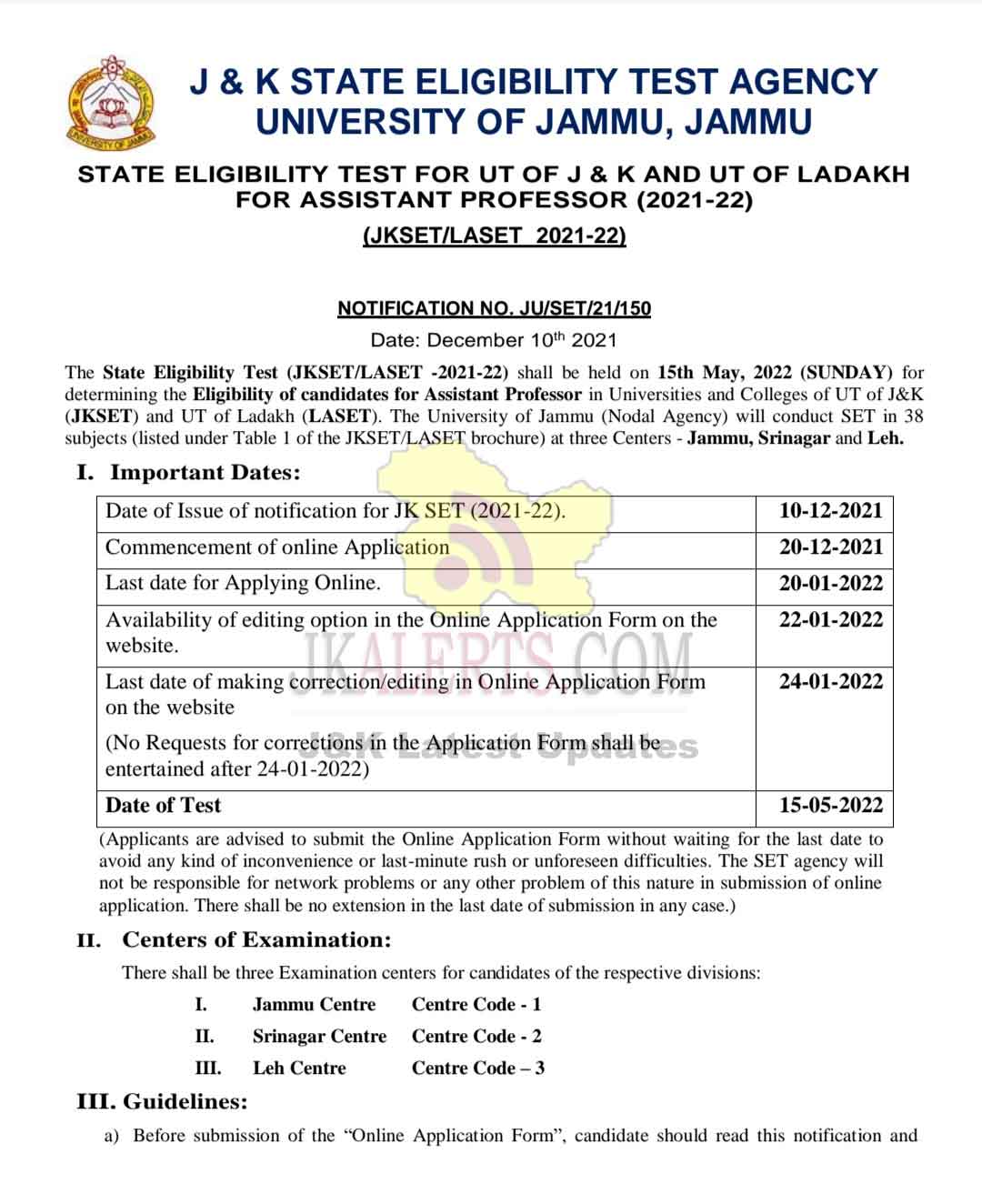 JKSET LASET 2021-22 Jammu University notification.