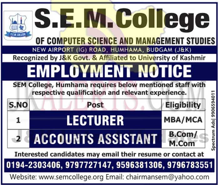 SEM College Srinagar jobs recruitment 2021. | JKAlerts