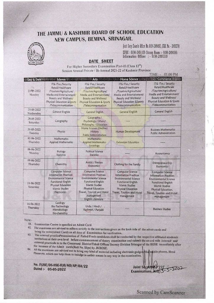 JKBOSE Class 12th Date Sheet Kashmir. | Govt Private Jobs updates Jammu ...