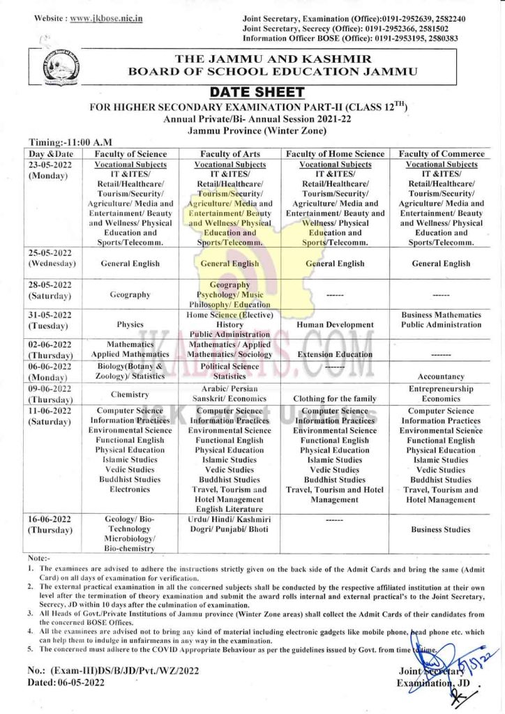 JKBOSE Class 12th Date Sheet Jammu Winter Zone | JKAlerts