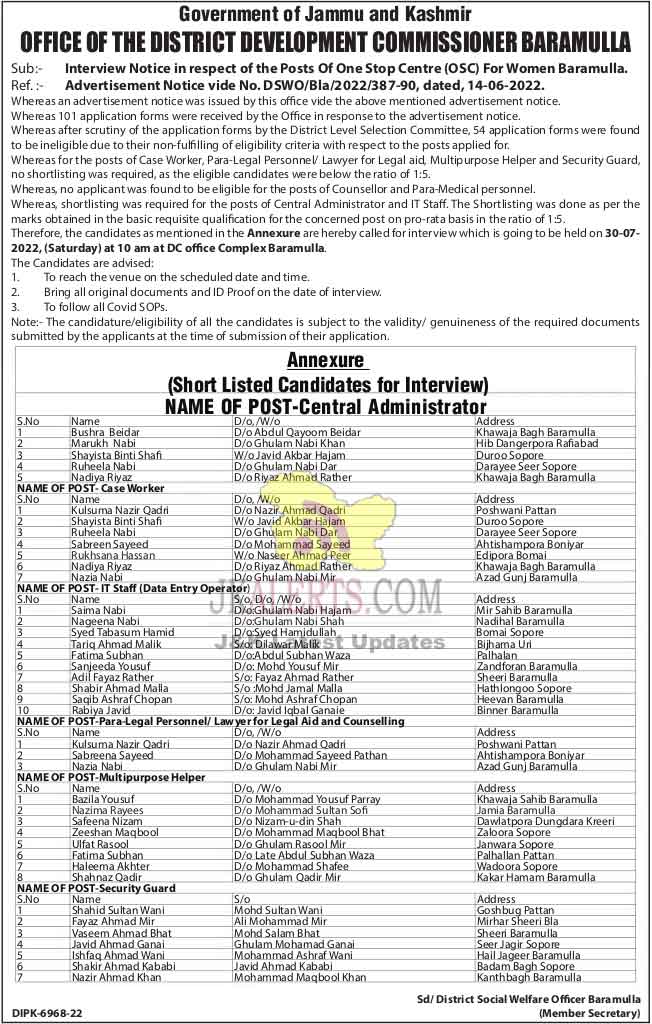 Interview Notice for One Stop Centre for Women | JKAlerts JK